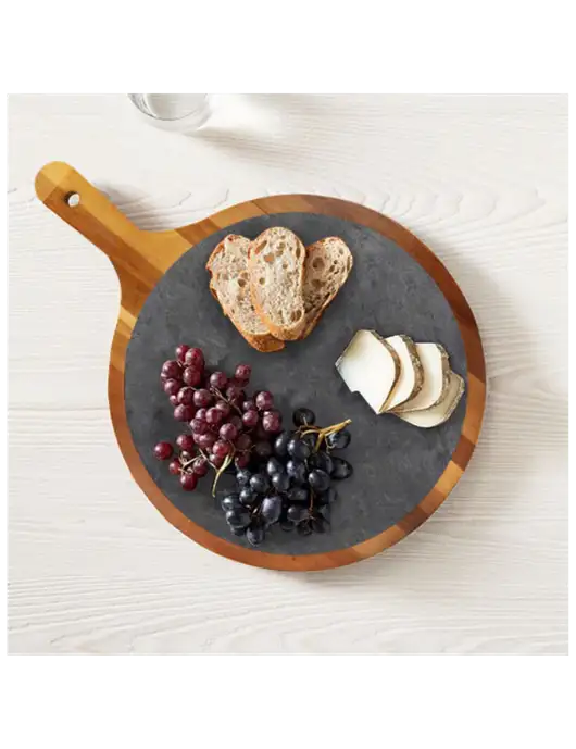 Acacia Wood & Slate Round Cutting Board & Handle 10.5 x 14.5 w/Premier ...